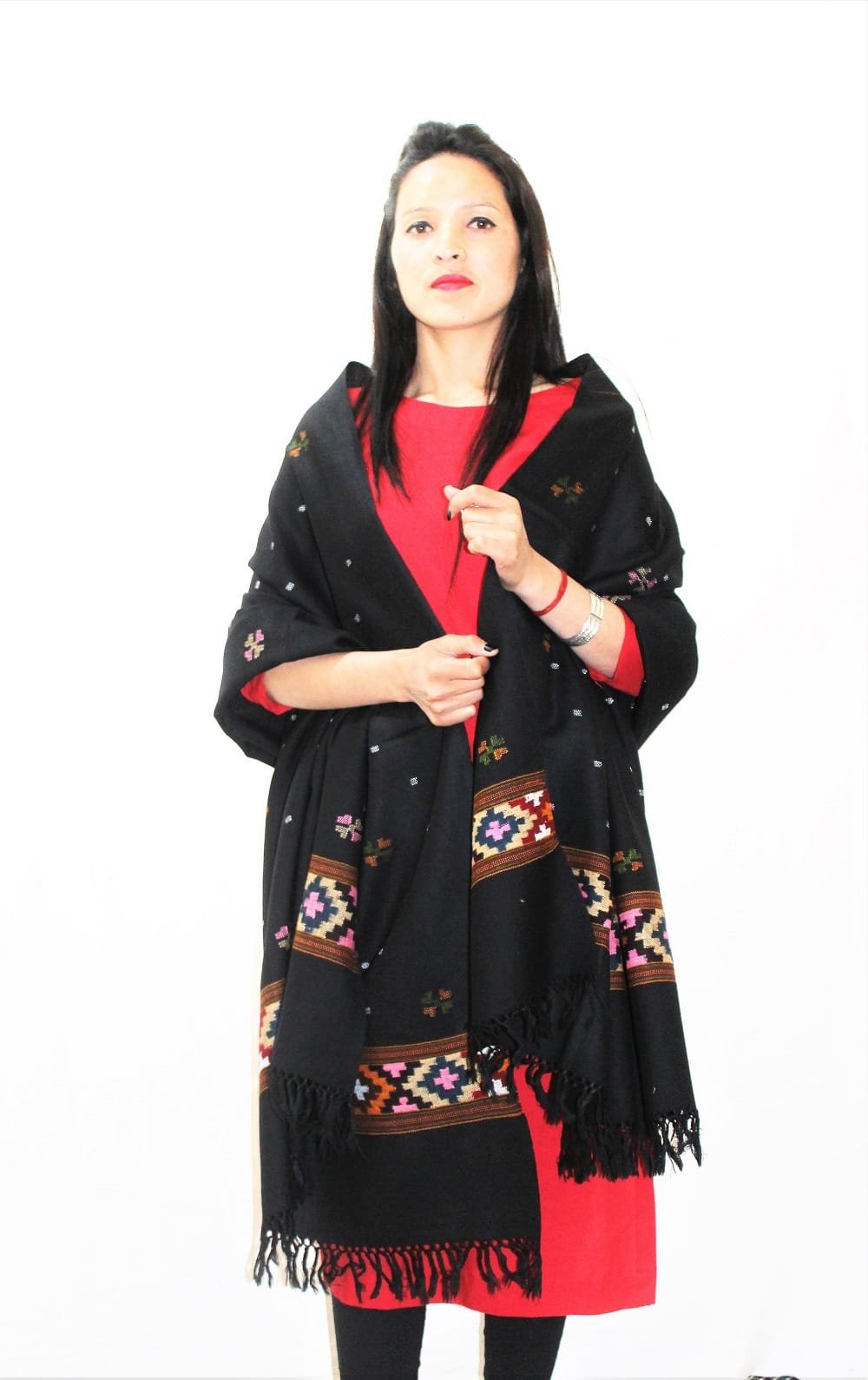 Black Traditional Design Wool Kullu Shawl - HimalayanKraft