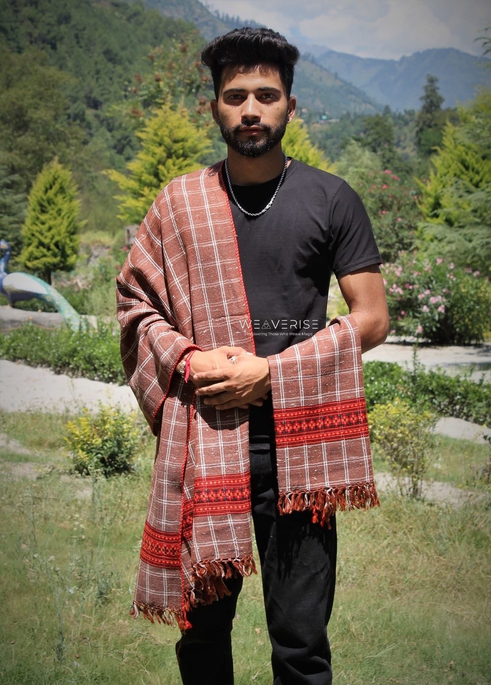 Classic Red and Black Kullu Wool Men Stole/Scarf - HimalayanKraft