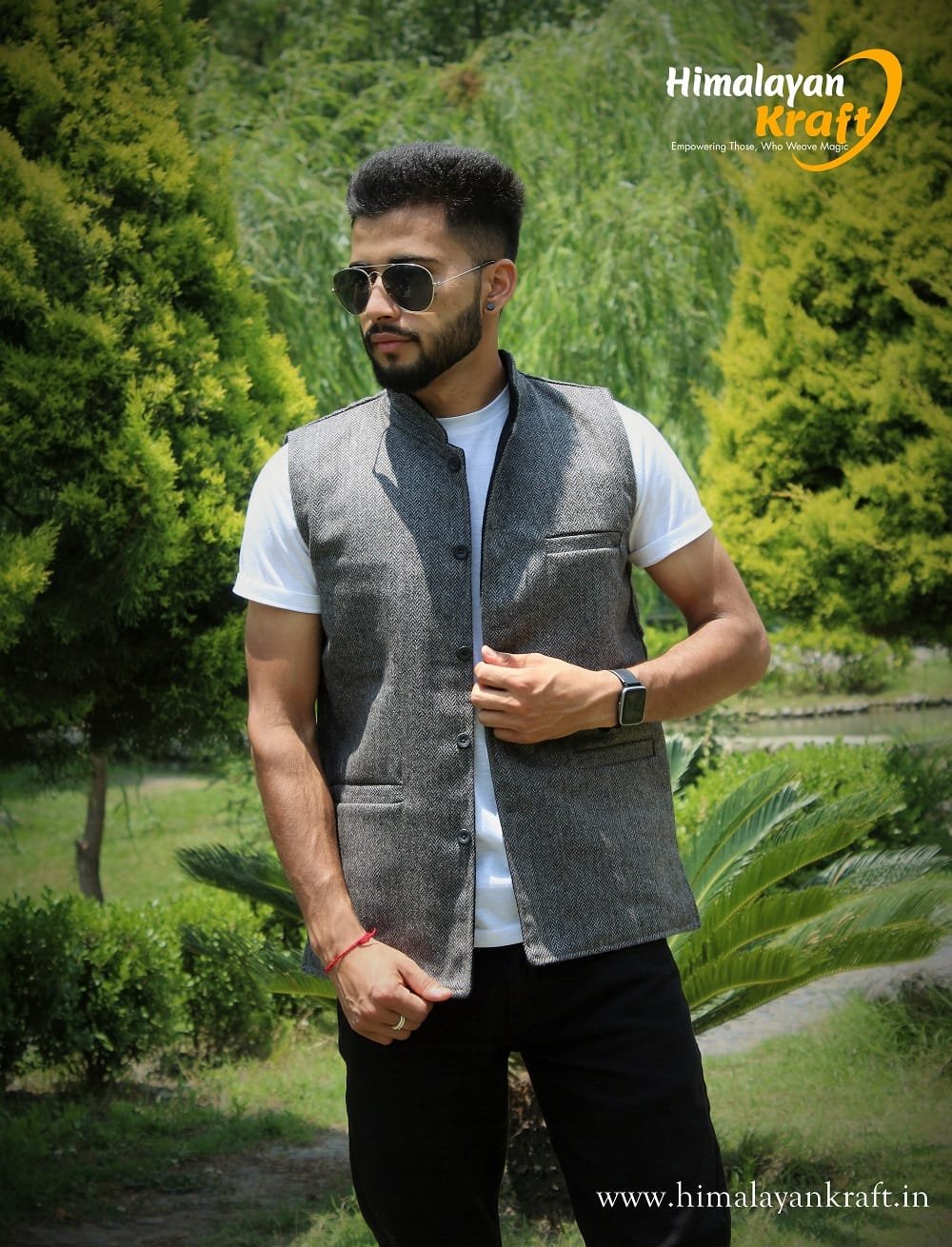 Nehru Wool Tweed Half Jacket For Men - Grey