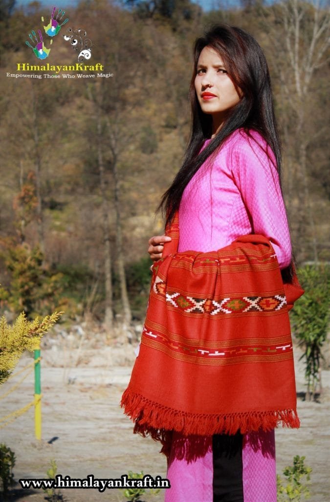 Ultralight Pure Wool Kullu Hand Woven Shawl (Light Red) -HimalayanKraft